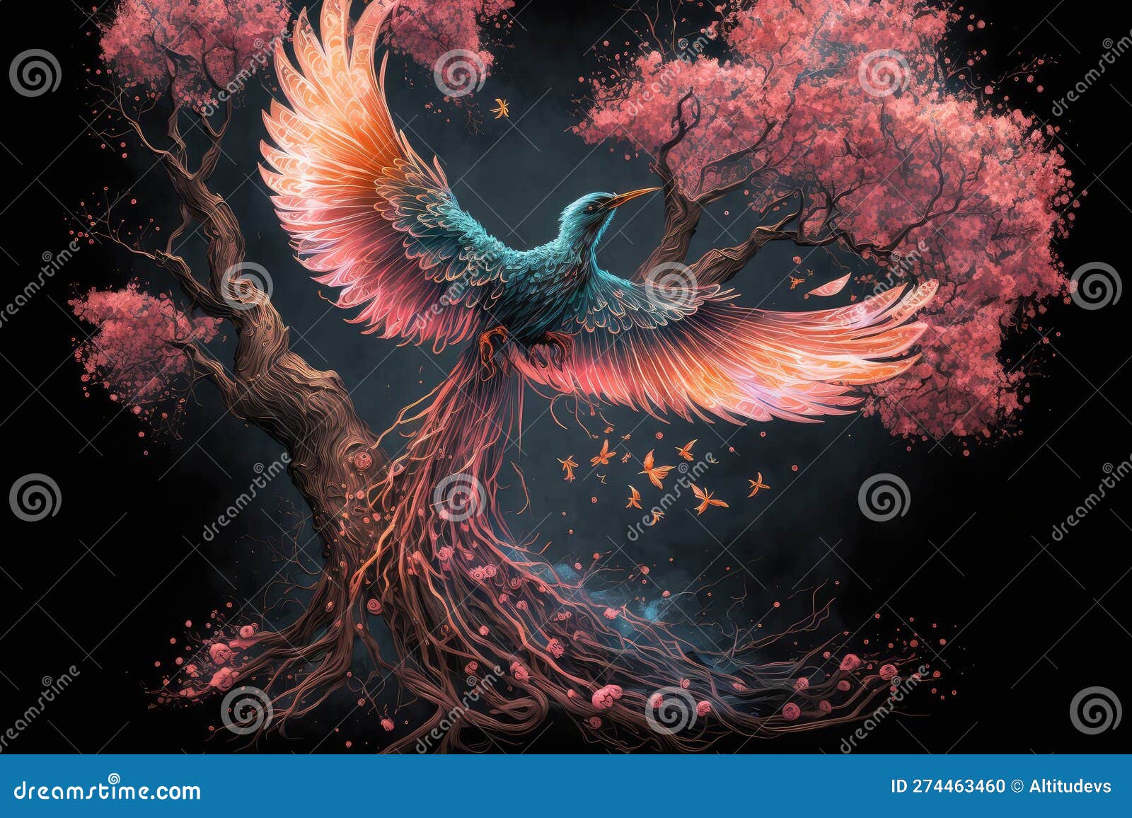 Cherry Blossom Tree with Phoenix Firebird in Flight Stock Illustration ...