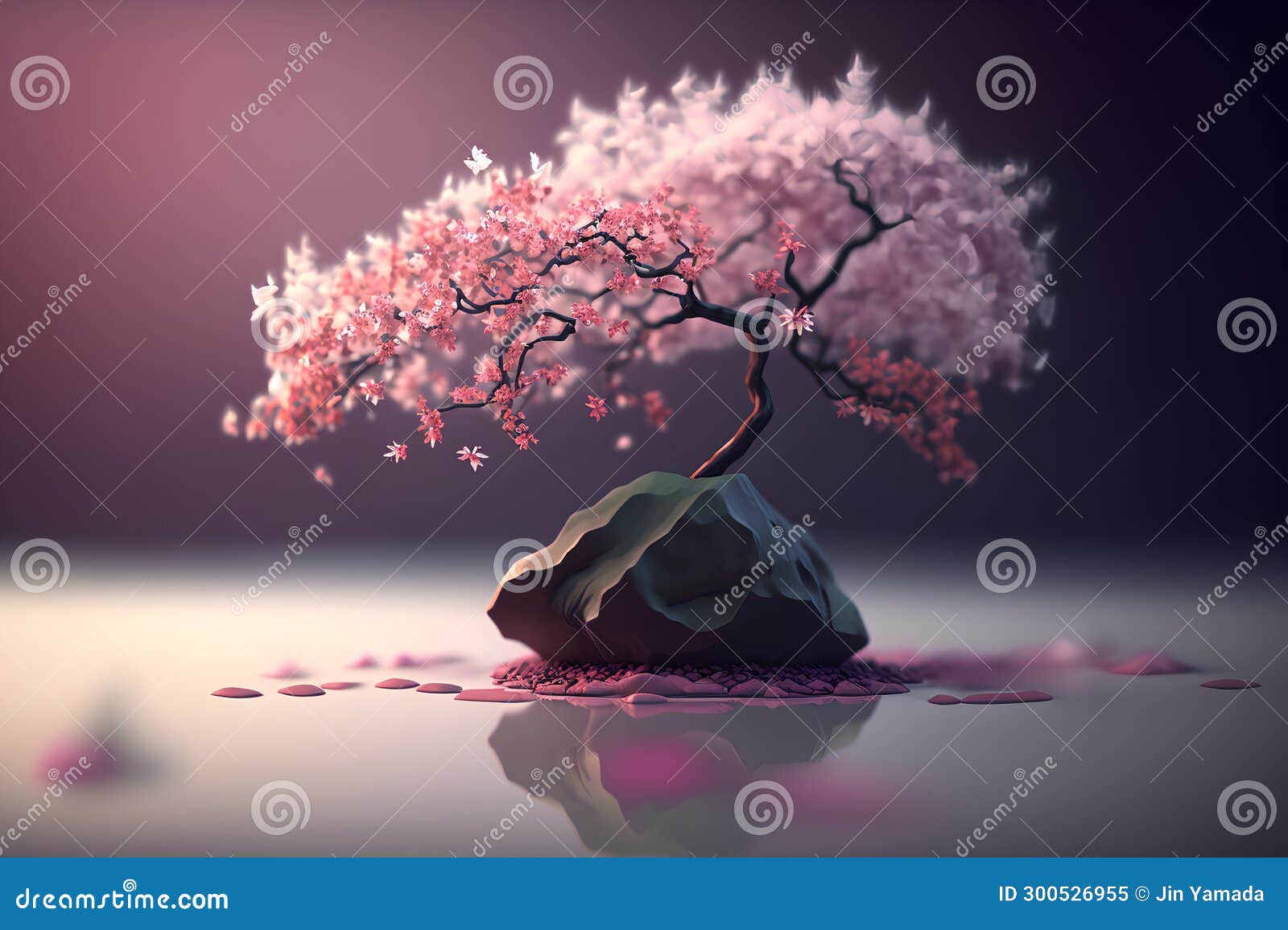 Cherry Blossom Tree on a Rock. 3D Illustration Stock Illustration ...