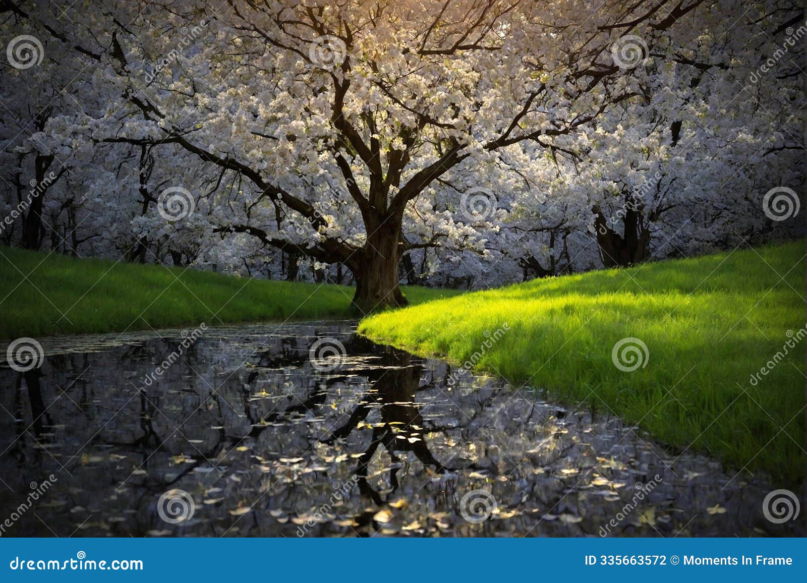Cherry Blossom Tree in Spring with Reflection in the Puddle Stock ...