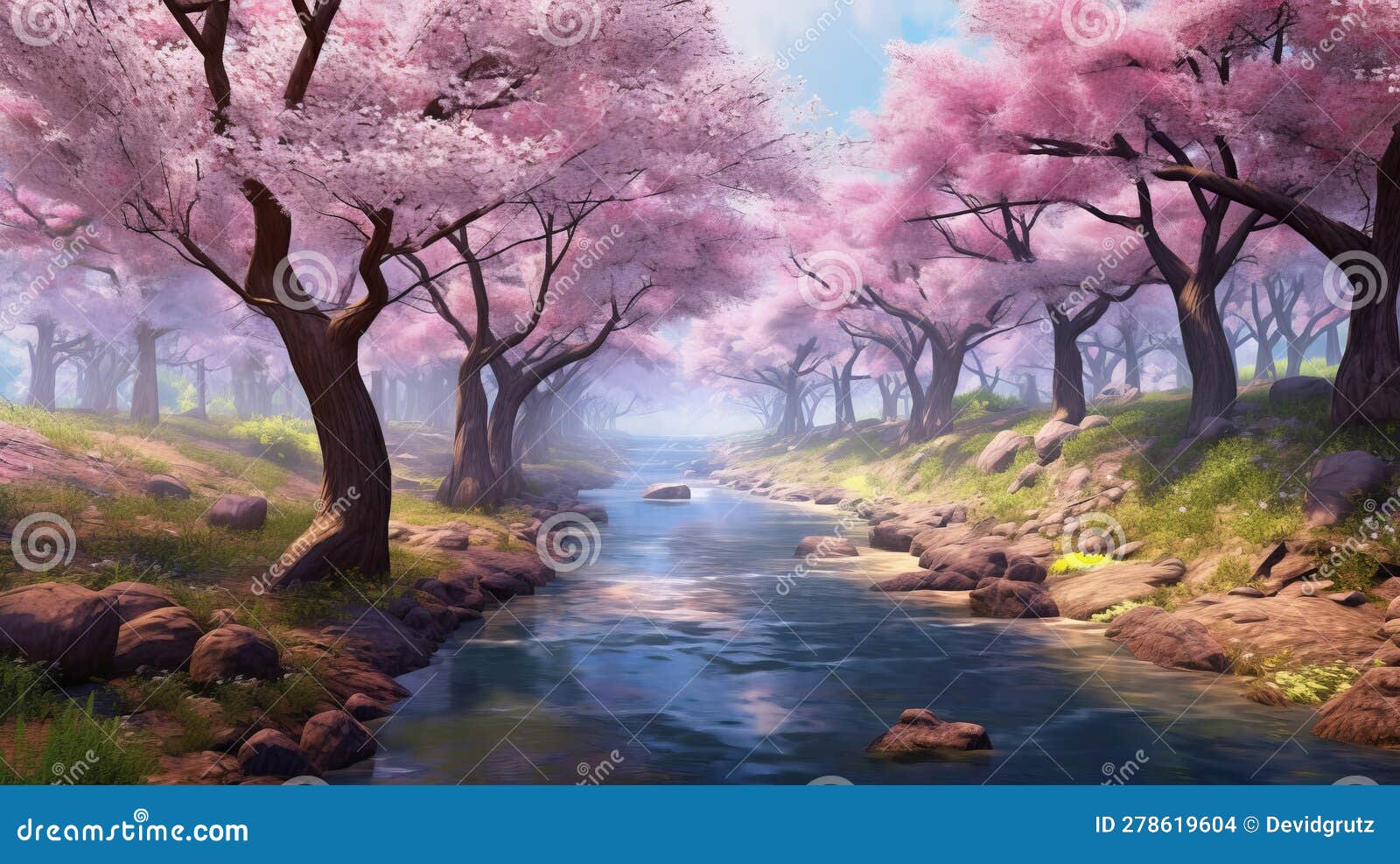 Cherry Blossom Trees Along a River in Springtime. Generative AI Stock ...