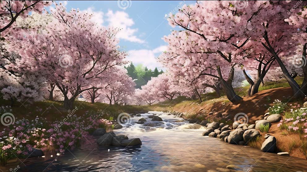 Cherry Blossom Trees Along a River in Springtime. Generative AI Stock ...
