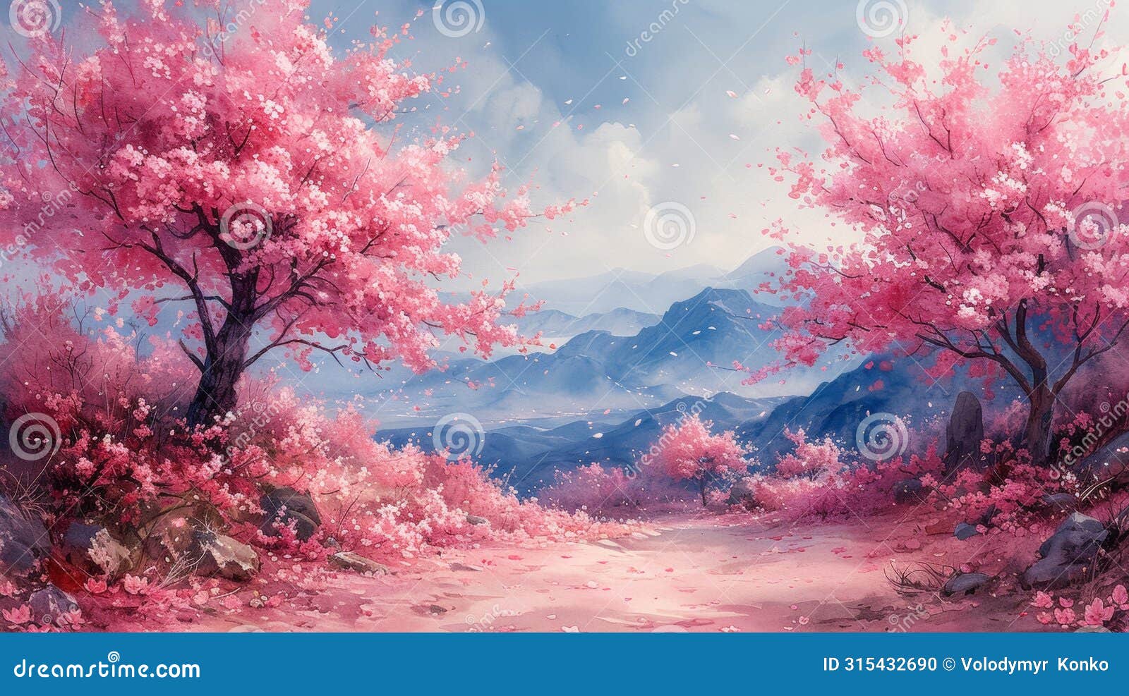 Cherry Blossom Trees in a Fantasy Landscape Stock Photo - Image of ...