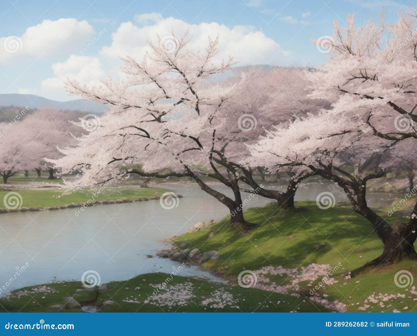 Cherry Blossom Trees and Lake in the Park Stock Photo - Image of ...