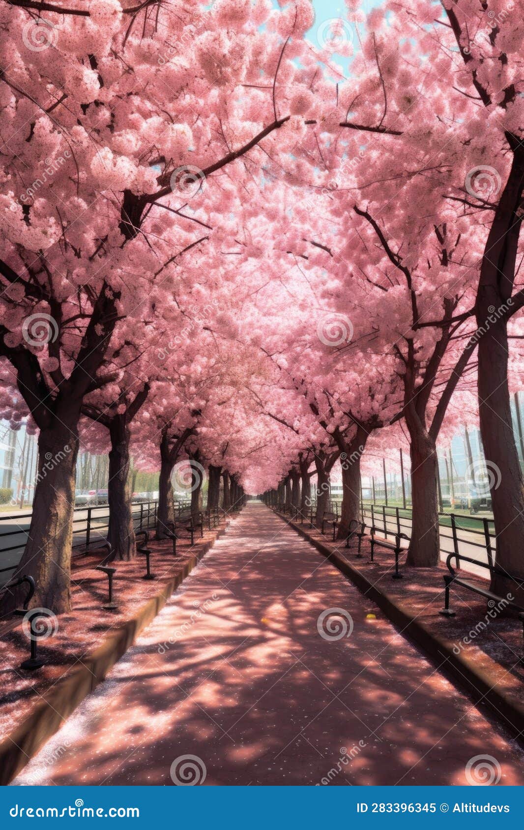Cherry Blossom Trees Lining a Peaceful Park Path Stock Illustration ...