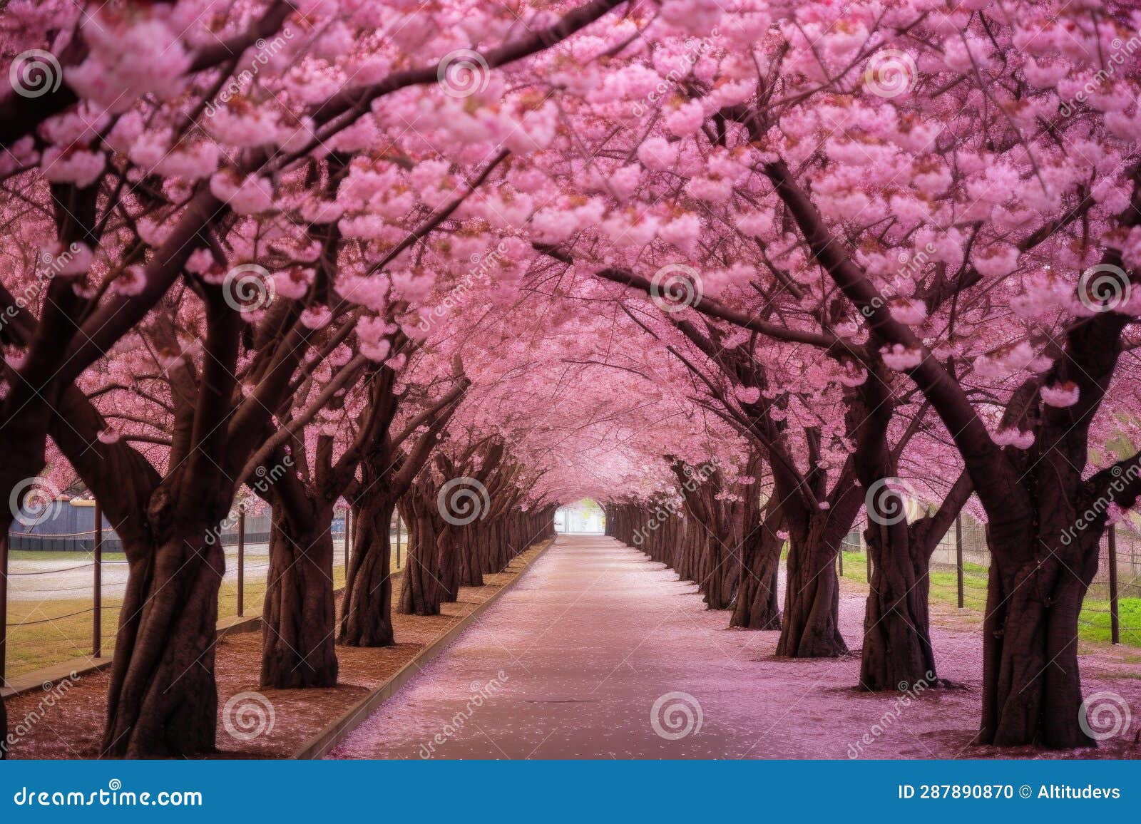 Cherry Blossom Tunnel in a Tranquil Park Stock Photo - Image of walkway ...