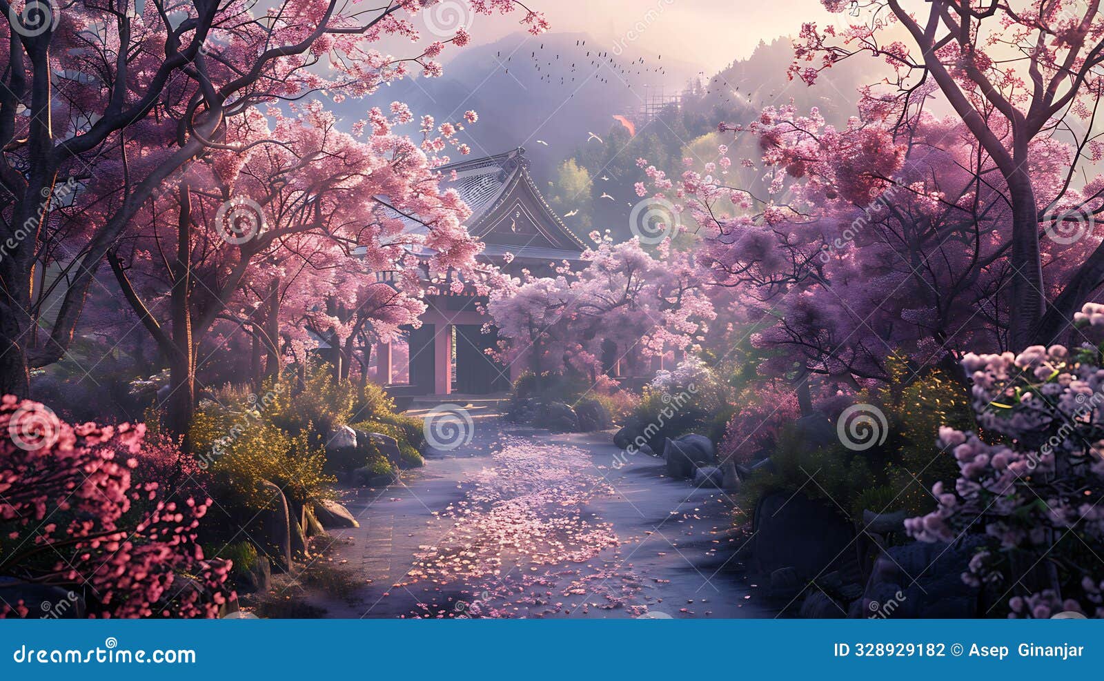 Cherry Blossoms on a Japanese Pathway Stock Illustration - Illustration ...