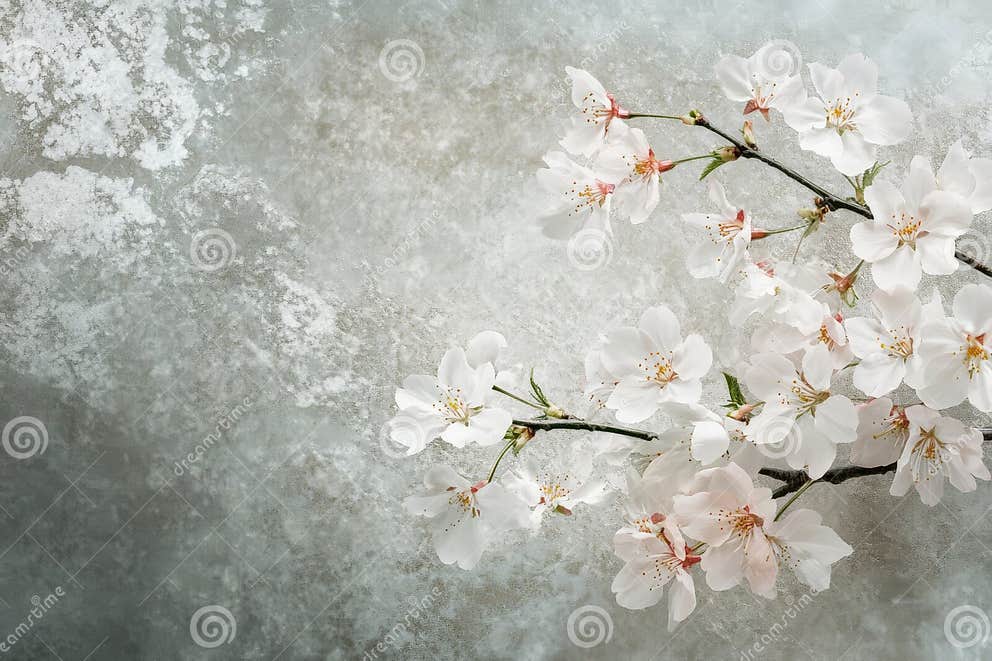 Cherry Blossoms Softly Falling in Front of a Textured Silver-gray ...