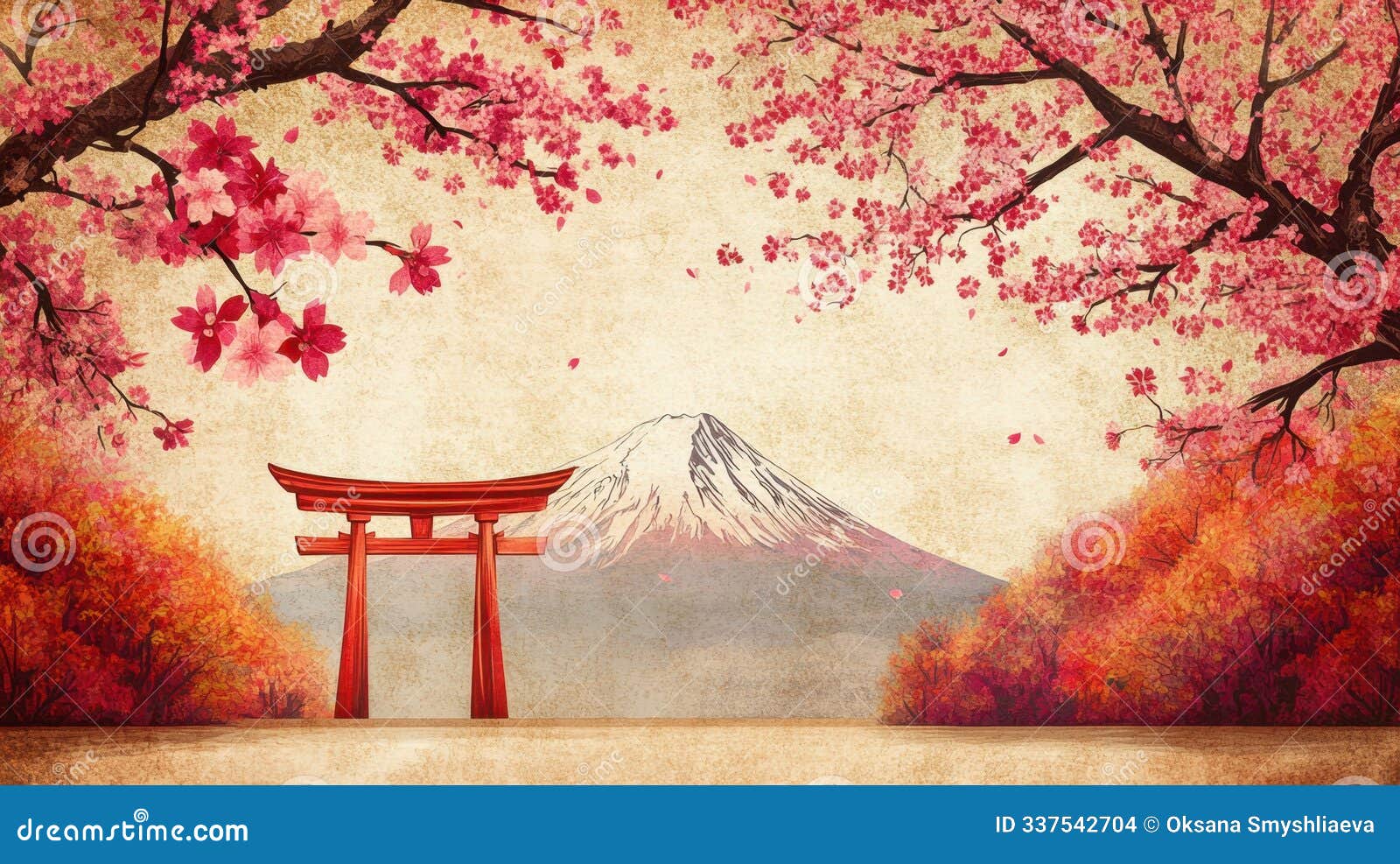 Cherry Blossoms and Torii Gate in Front of Mount Fuji - Japanese Spring ...