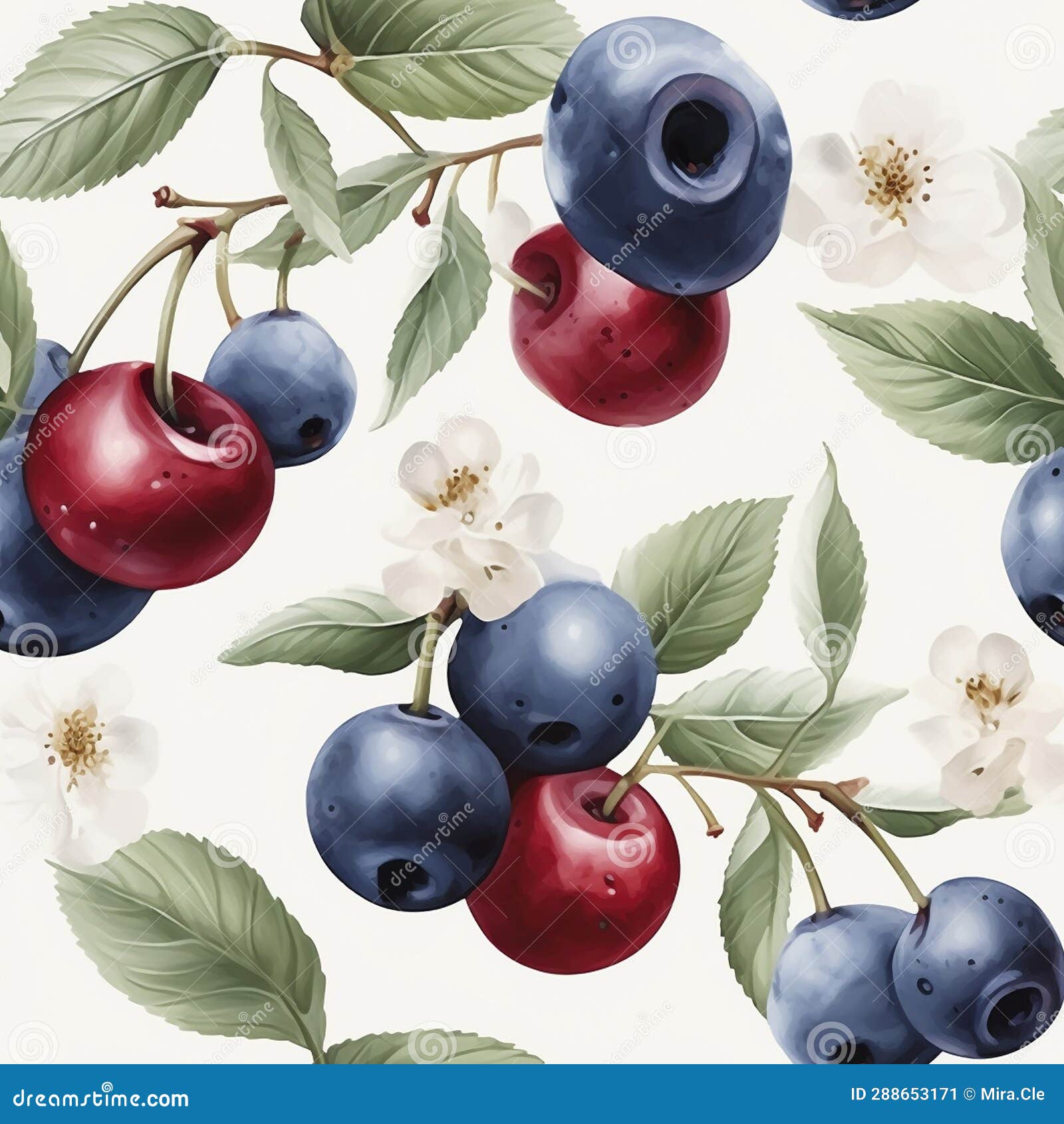 Cherry and Blueberry Seamless Pattern, Created with Generative AI Stock ...