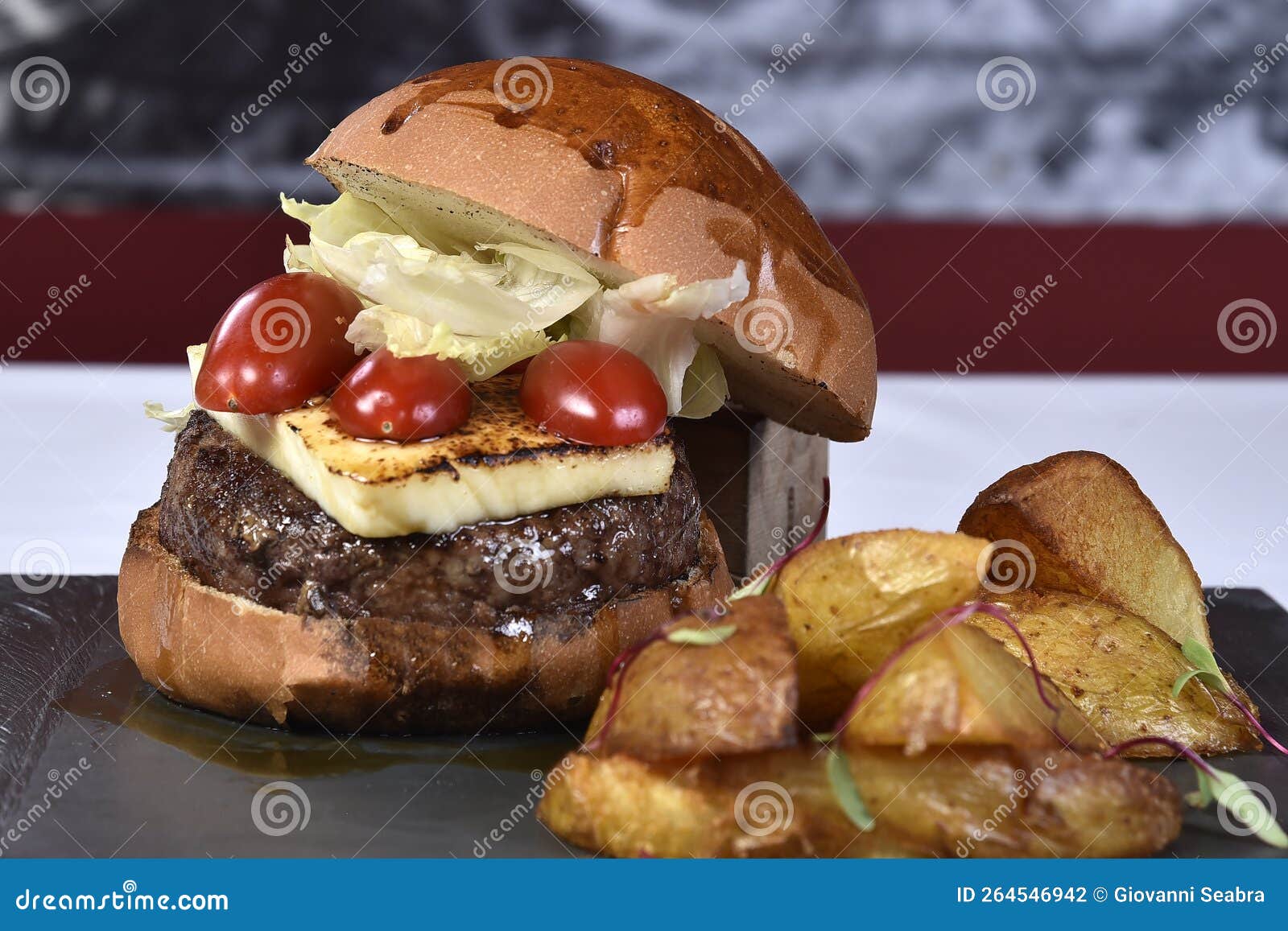 Cherry Cheese Burger Sandwich, Rustica Potato Stock Photo - Image of ...