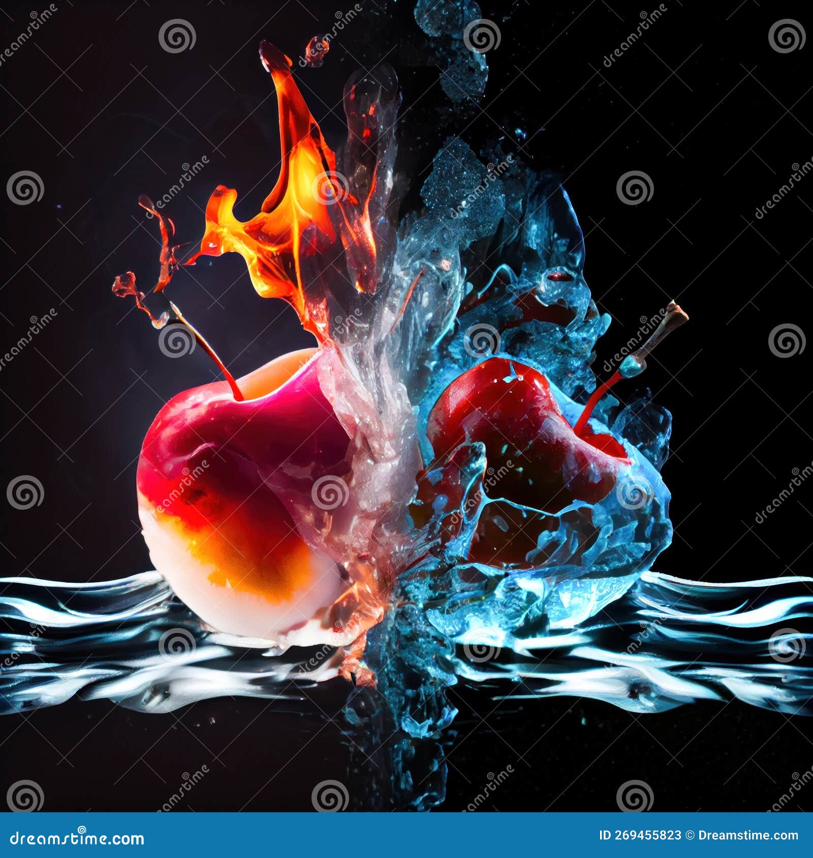 Cherry in the Clash of Ice and Fire on Black Background. Stock ...