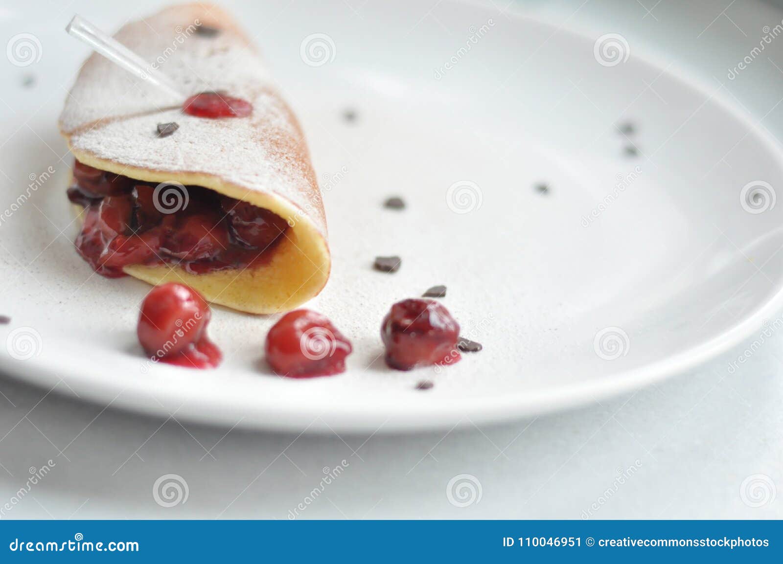Cherry Crepe Dish On Round White Ceramic Plate Picture. Image: 110046951