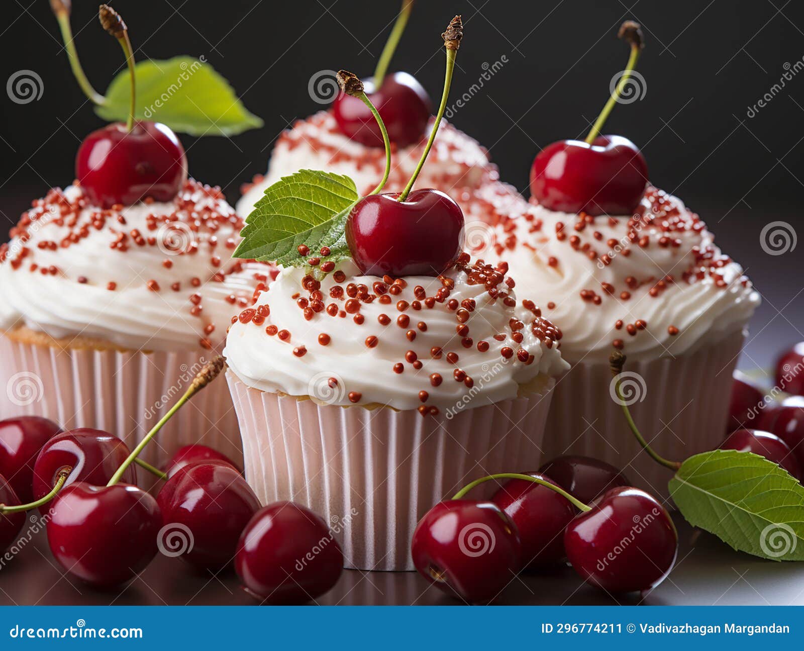 Cherry Cupcakes Tempting stock illustration. Illustration of buttercream - 296774211