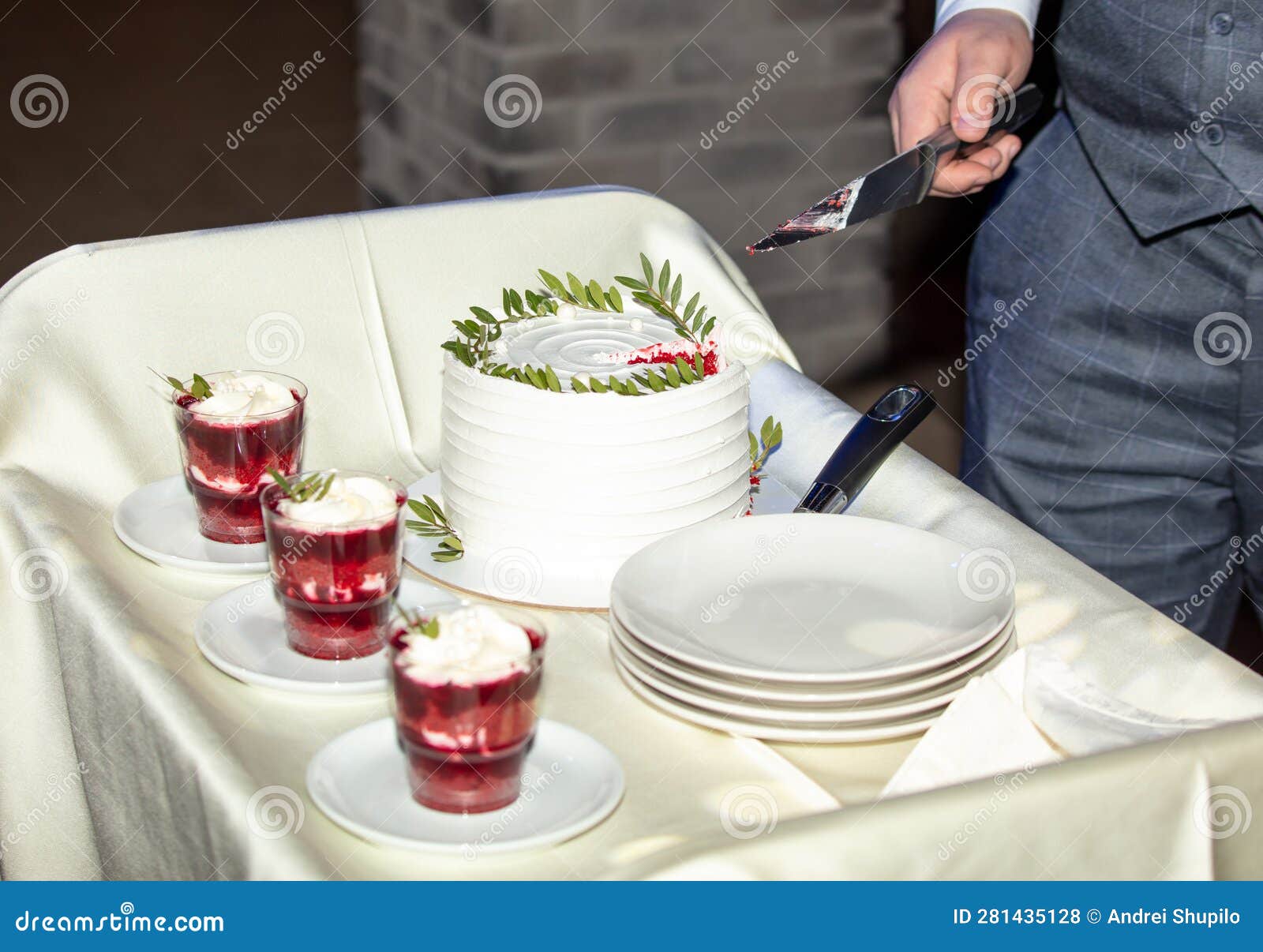 Cherry Dessert with Whipped Cream and Mint in Small Glasses on the Table Stock Photo - Image of ...