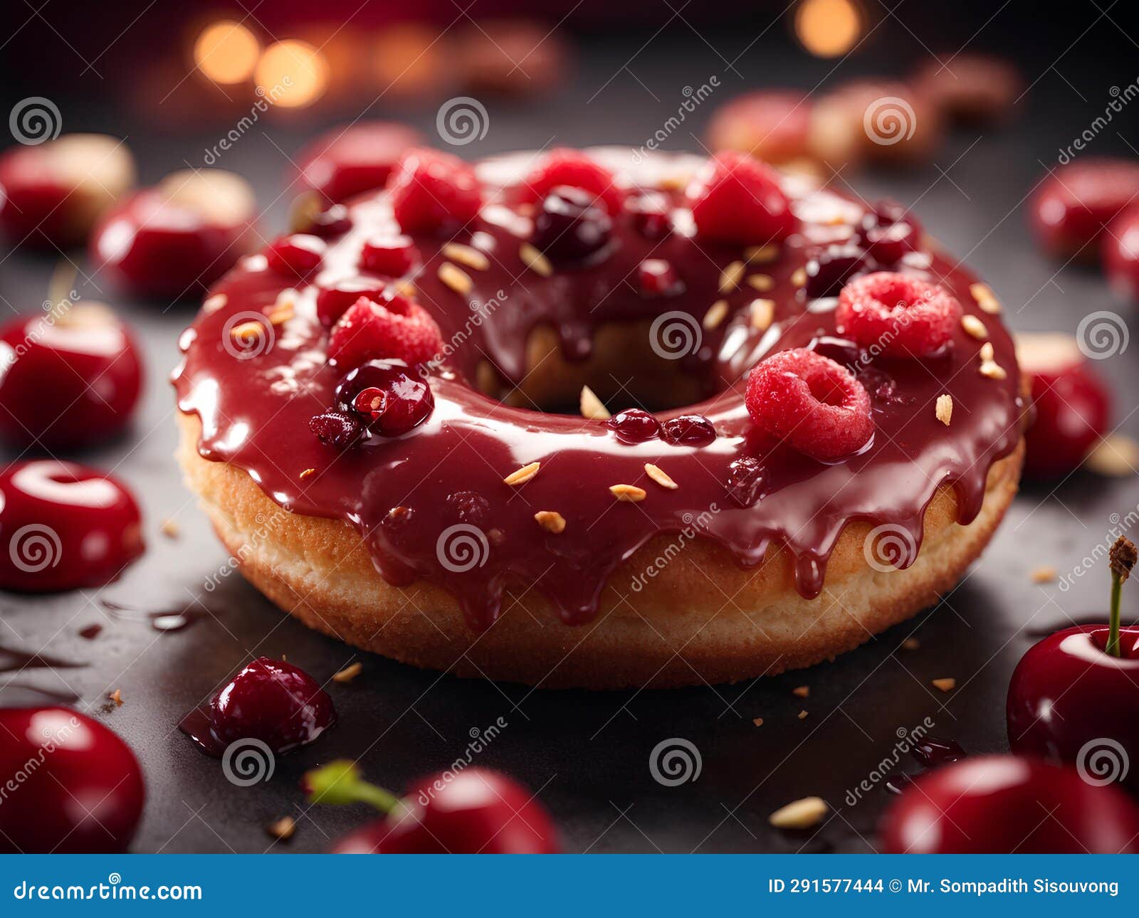 Delicious Cherry Doughnut, Floating in the Air, Filled with Cherry ...