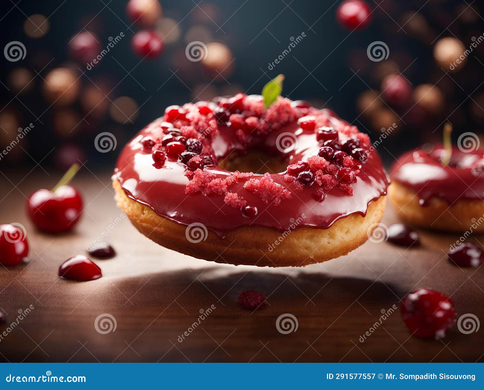 Delicious Cherry Doughnut, Floating in the Air, Filled with Cherry ...