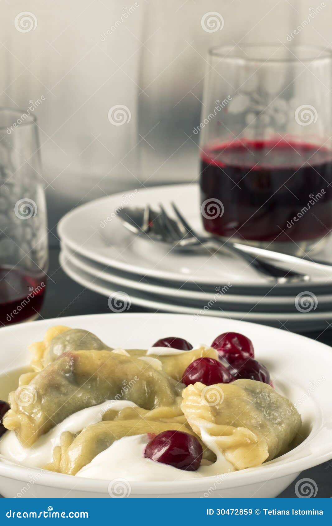 Cherry Dumplings with Sour Cherry Stock Image - Image of plate, fruit ...