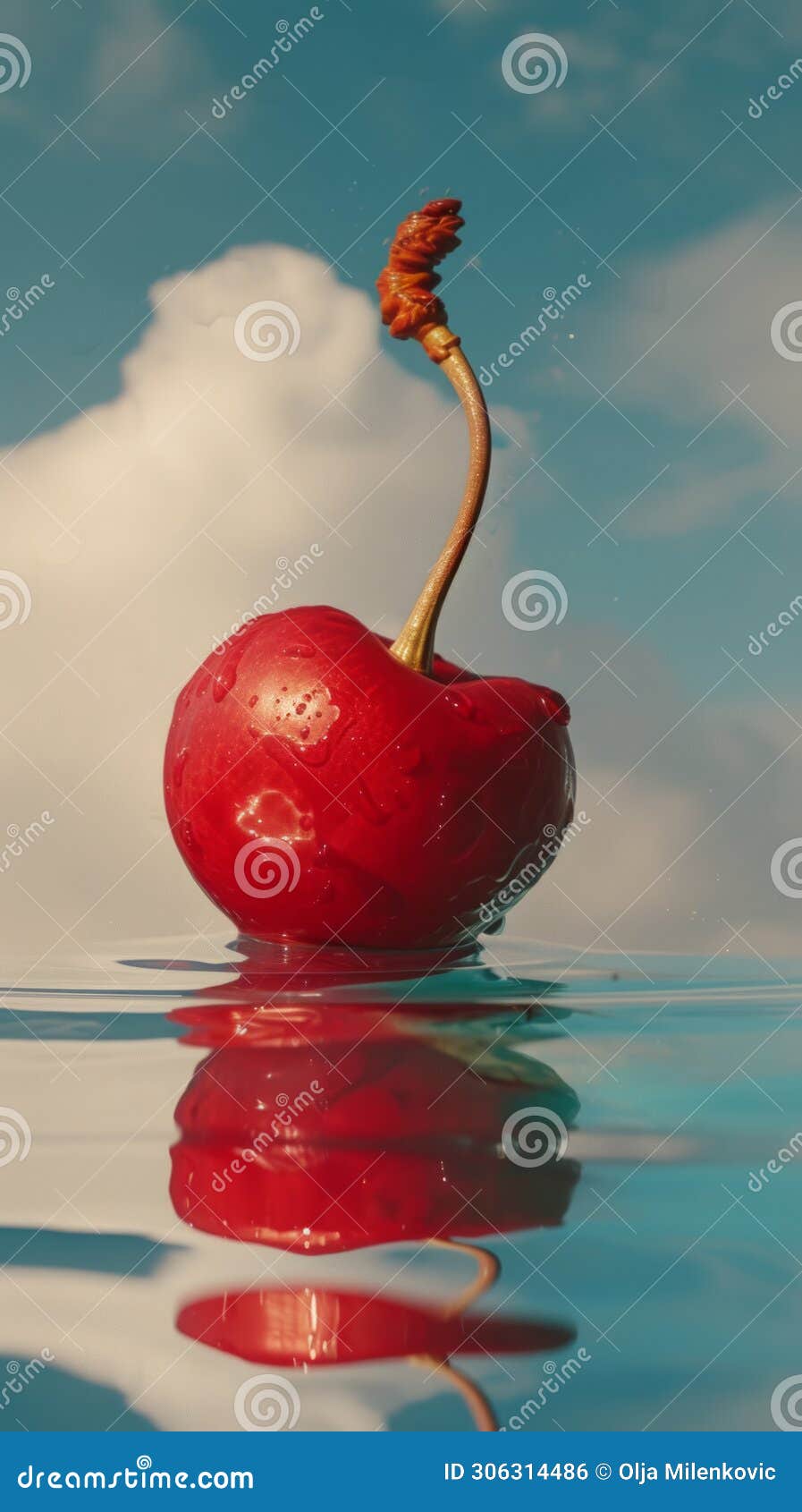 Cherry Falling into the Water on a Background of Blue Sky with Clouds ...