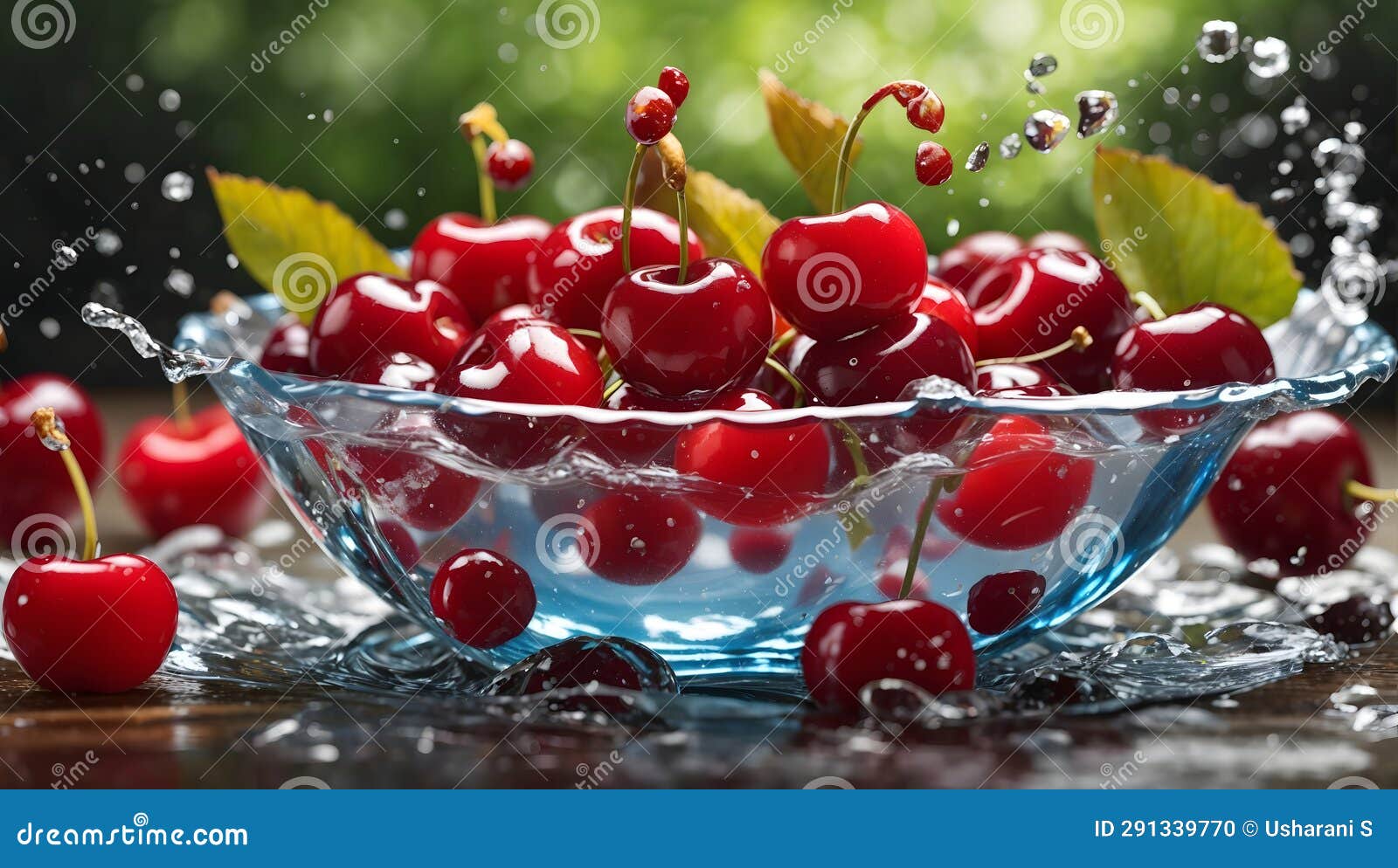 Cherry Fruit and Cherry Slices with Leaf Water Splash in Bowl. Image is ...