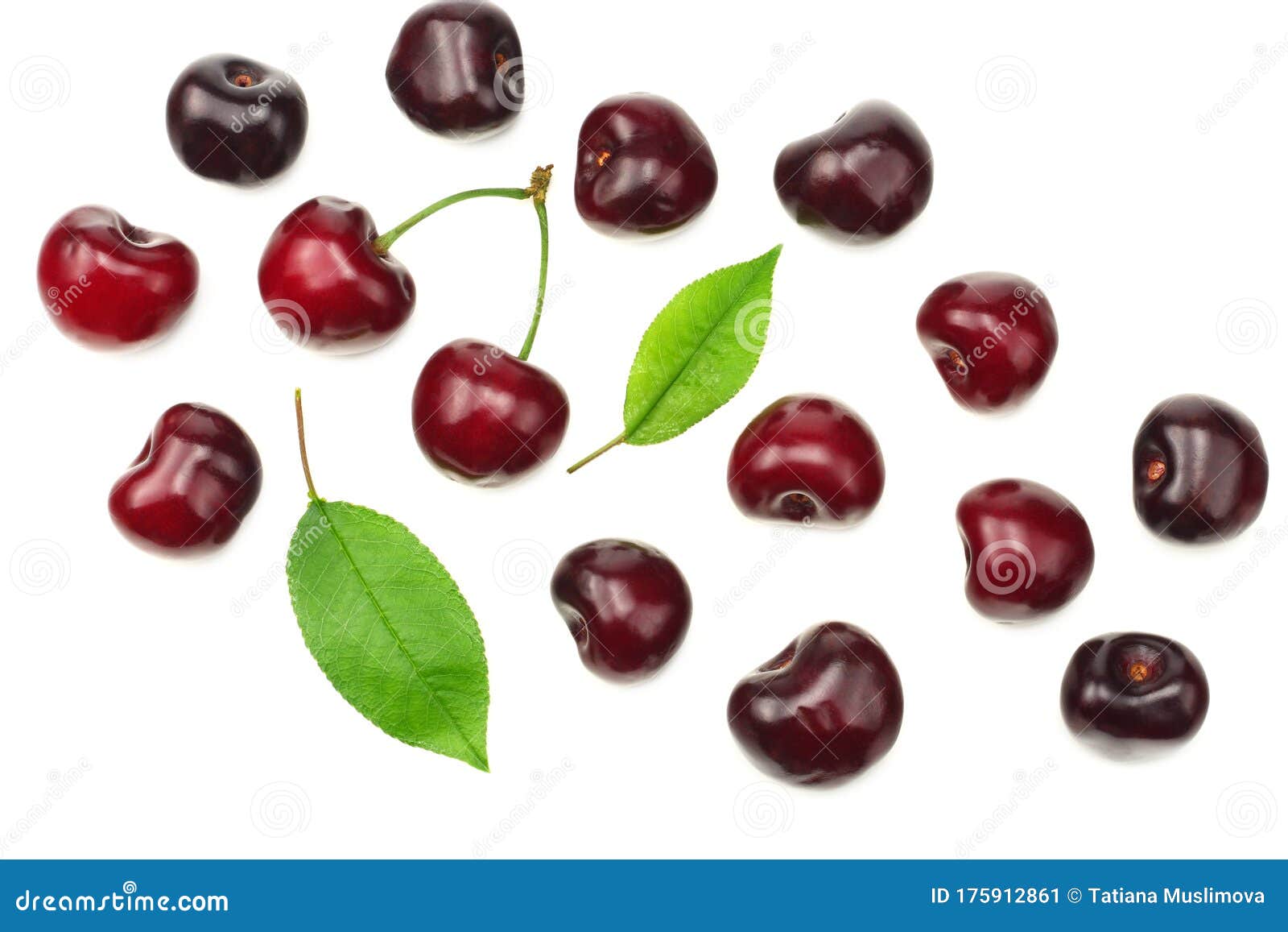 Cherry with Green Leaf Isolated on White Background. Top View Stock ...
