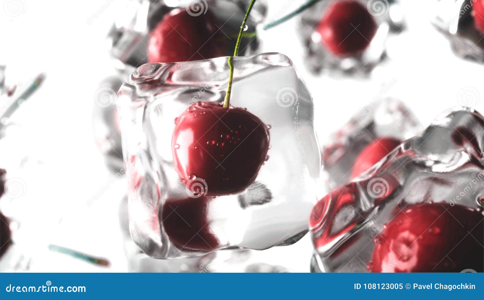 Cherry in Ice Cubes. Food and Broadcast Concept. Realistic Ice ...