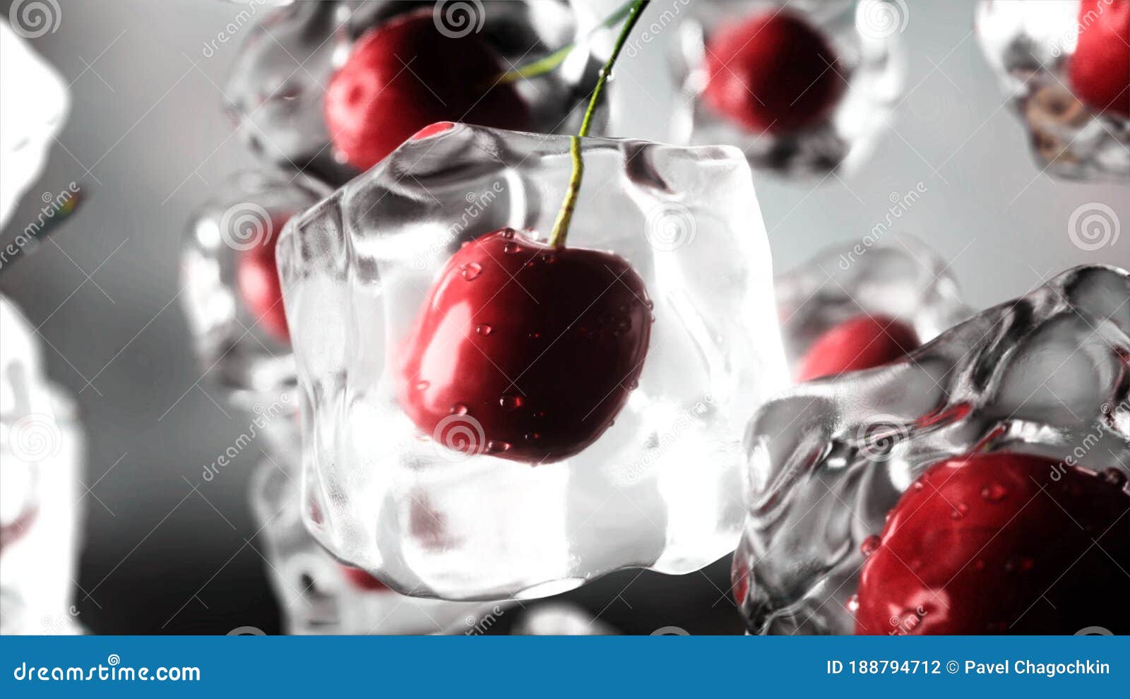 Cherry in Ice Cubes. Food and Broadcast Concept. Realistic Ice ...