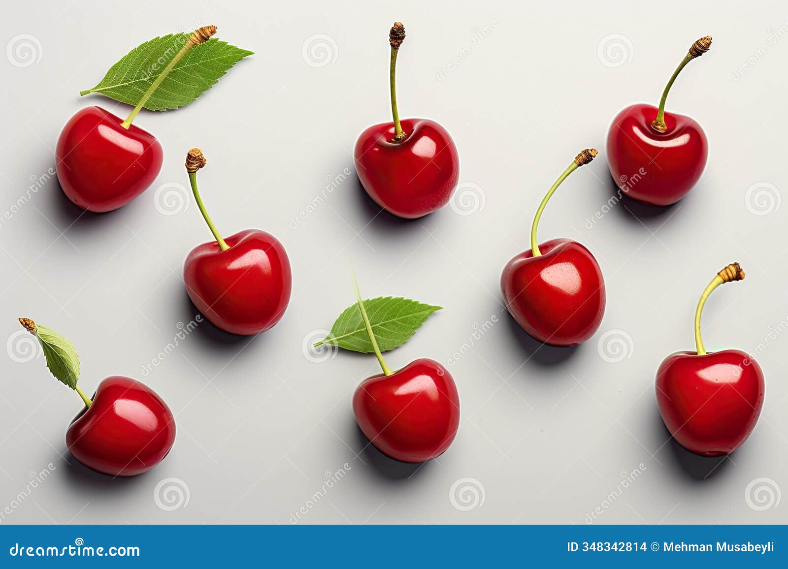 Eight Cherries, Symmetrically Scattered on a Light Gray Background ...