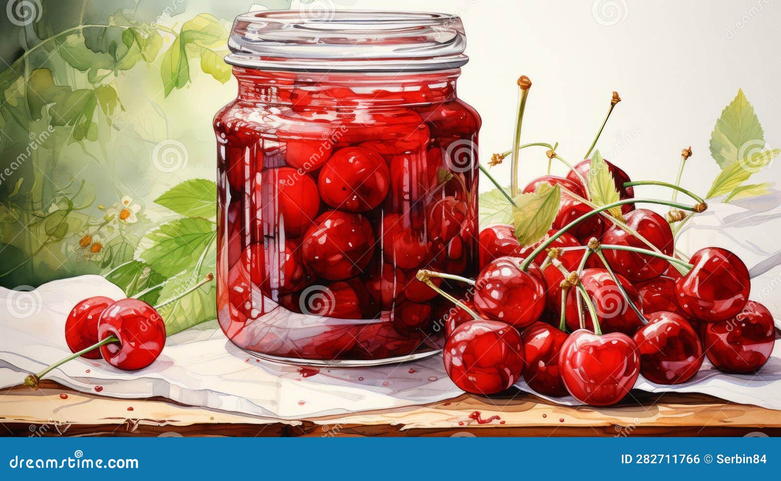 Cherry Jam and Red Cherry Berries on White Background Illustration ...