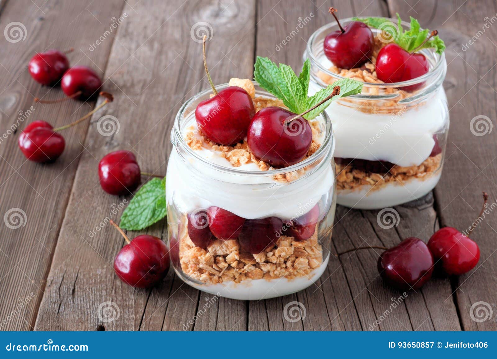 Cherry Parfaits in Mason Jars Over Rustic Wood Stock Image - Image of ...