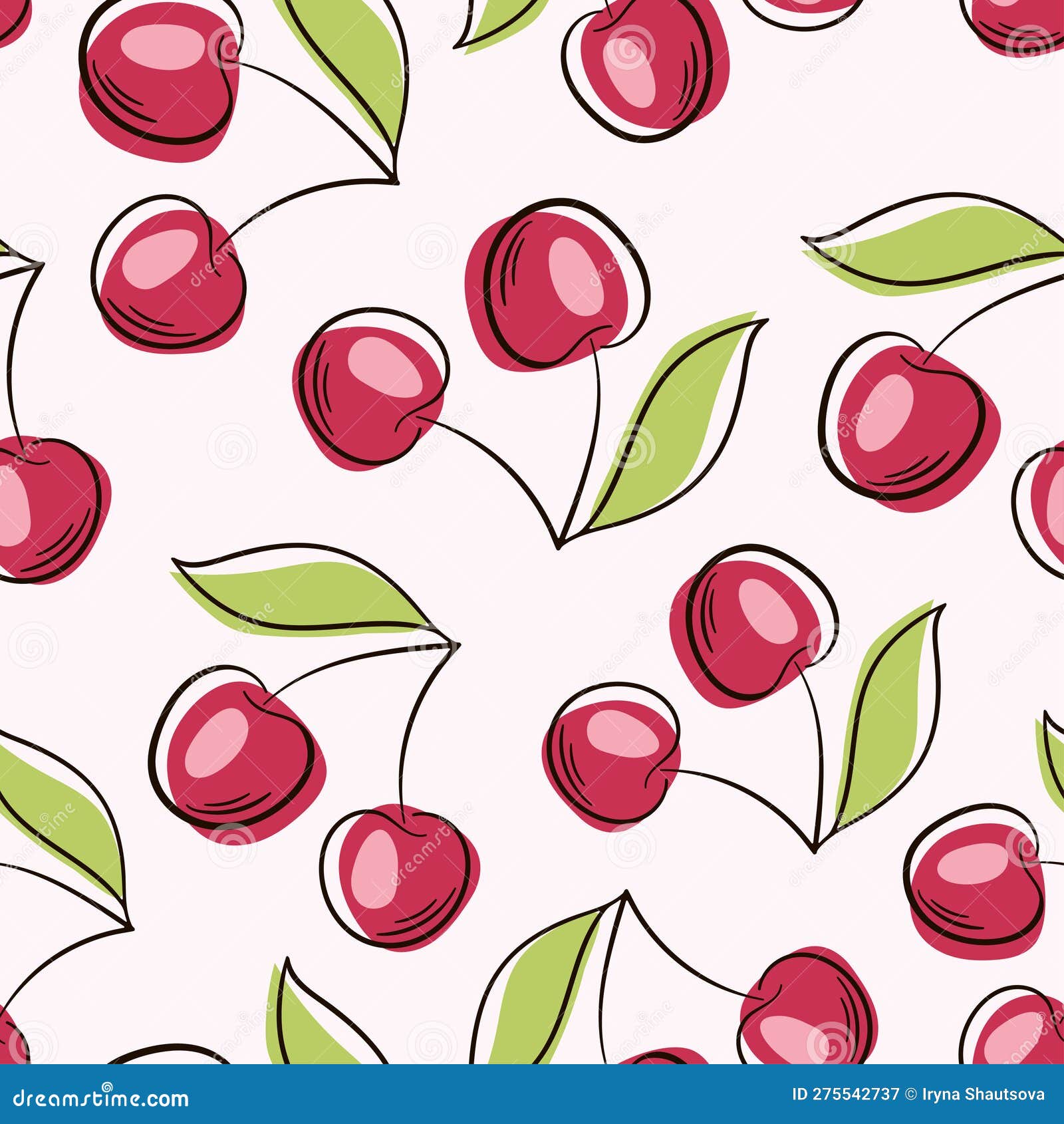 Cherry Pattern Line Art Style. Seamless Red Cherry Pattern Design, Flat ...