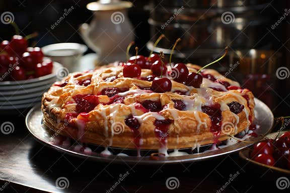 Cherry Pie Front View Inside the Round Pan on the Shiny Stock ...