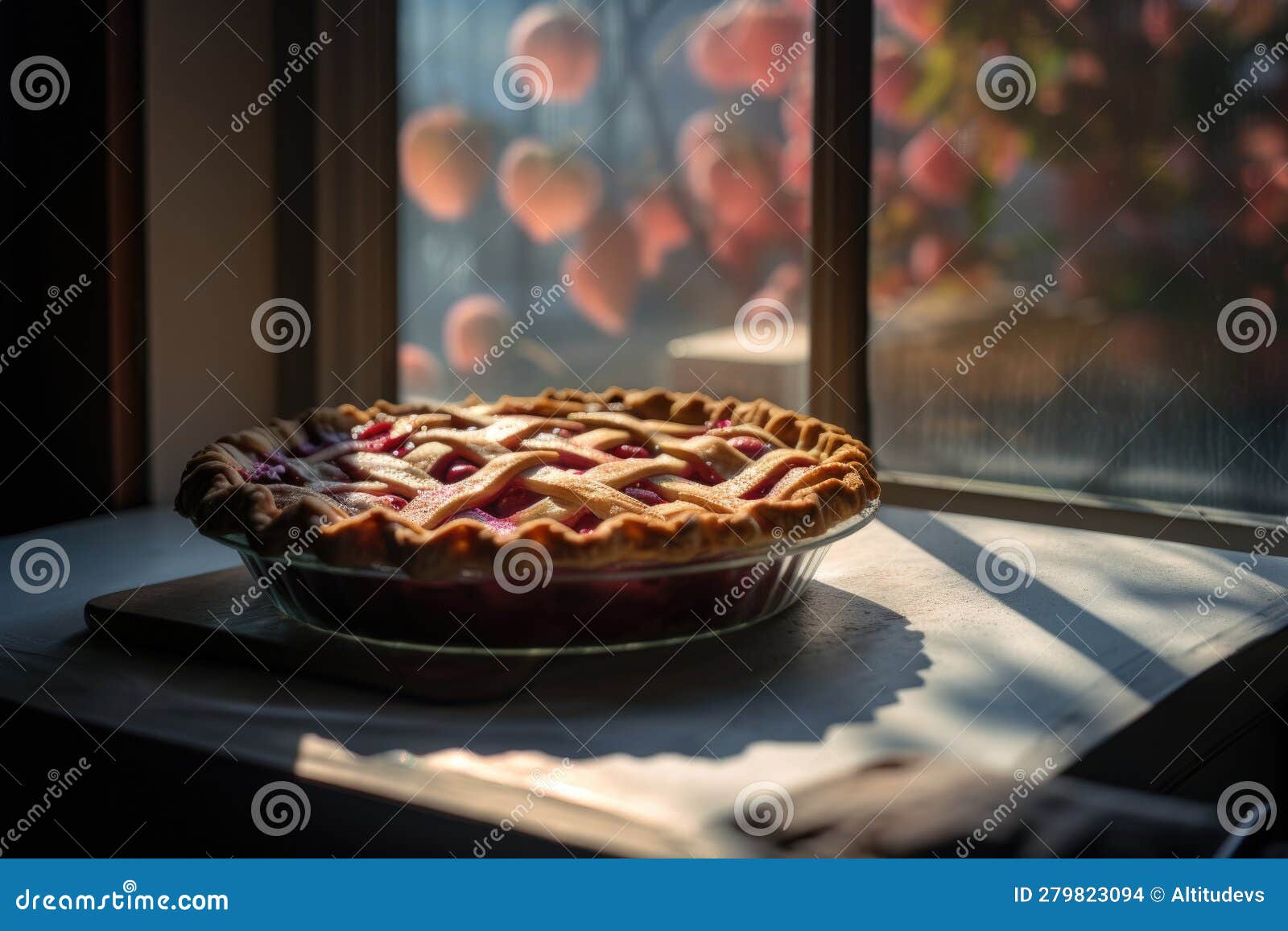 Cherry Pie on Windowsill, with the Sunlight Shining through Stock Photo ...