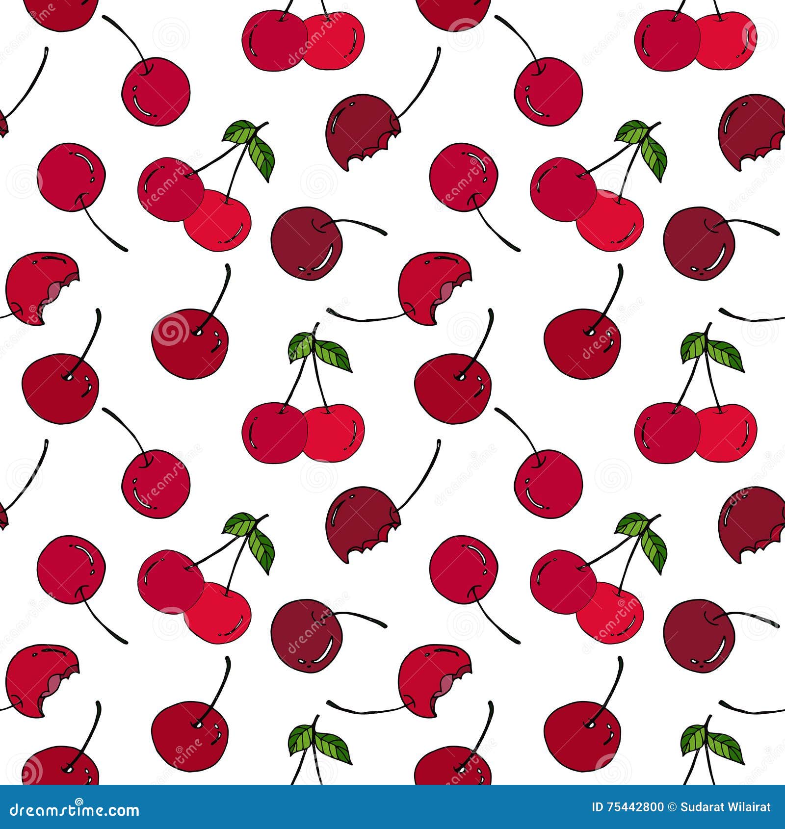 Cherry Seamless Pattern by Hand Drawing on White Backgrounds. Stock ...