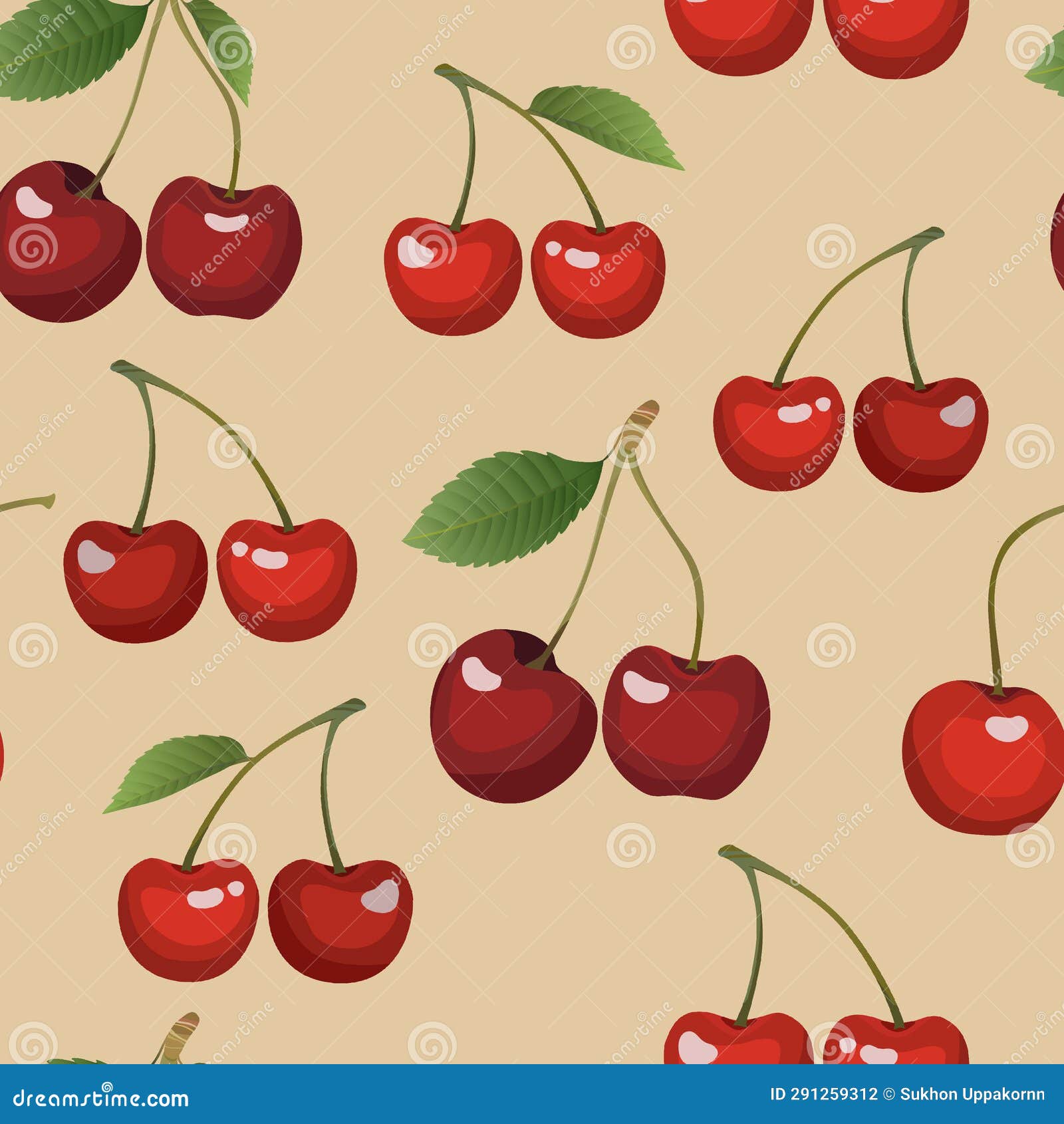 Cherry Seamless Pattern on Light Brown Background Vector Illustration ...