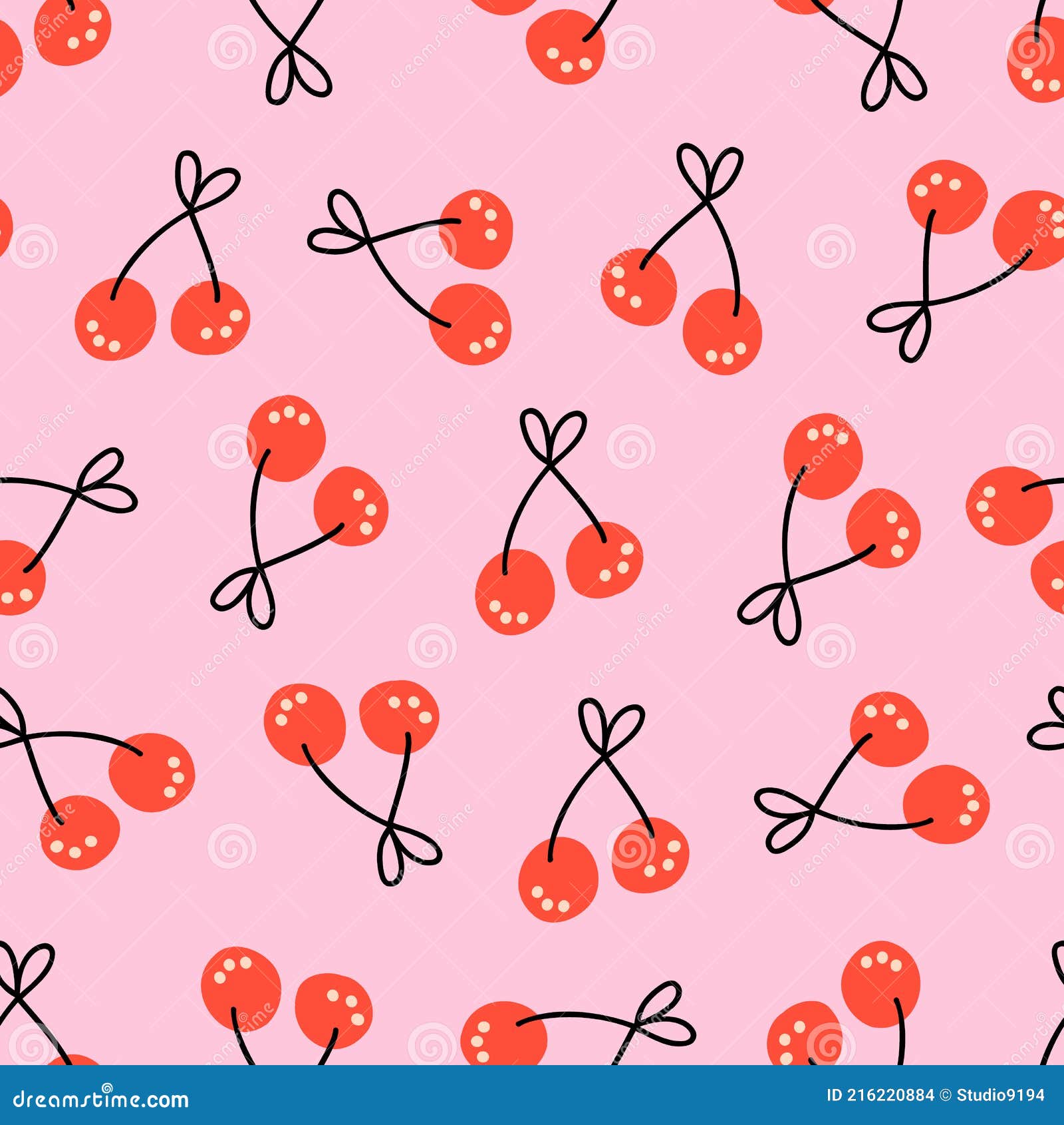 Cherry Seamless Vector Pattern. Hand Drawn Simple Cherries Red Black on ...