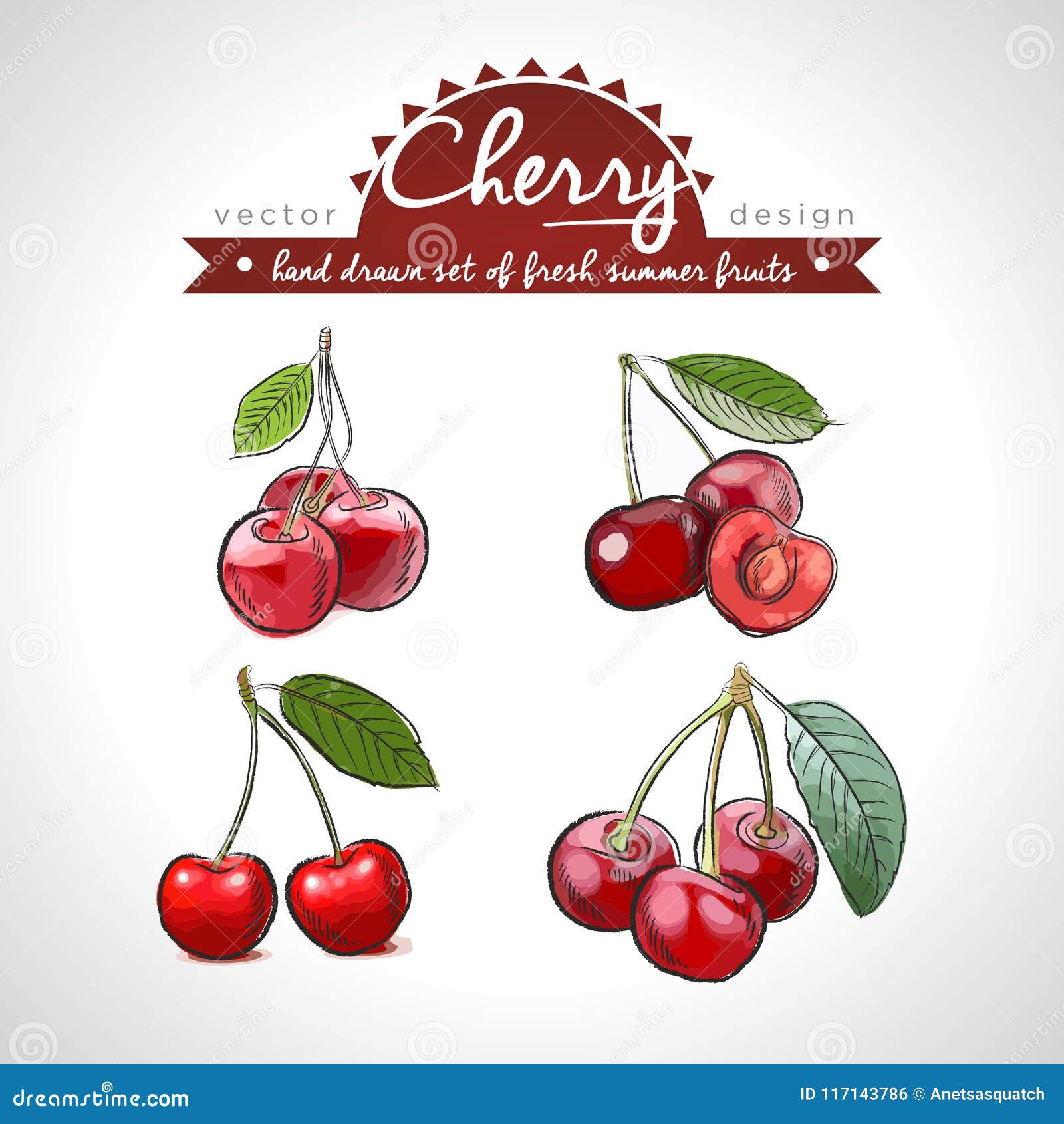 Cherry Set Of Fresh Fruit, Whole, Half And Bitten With Leaf. Vector ...