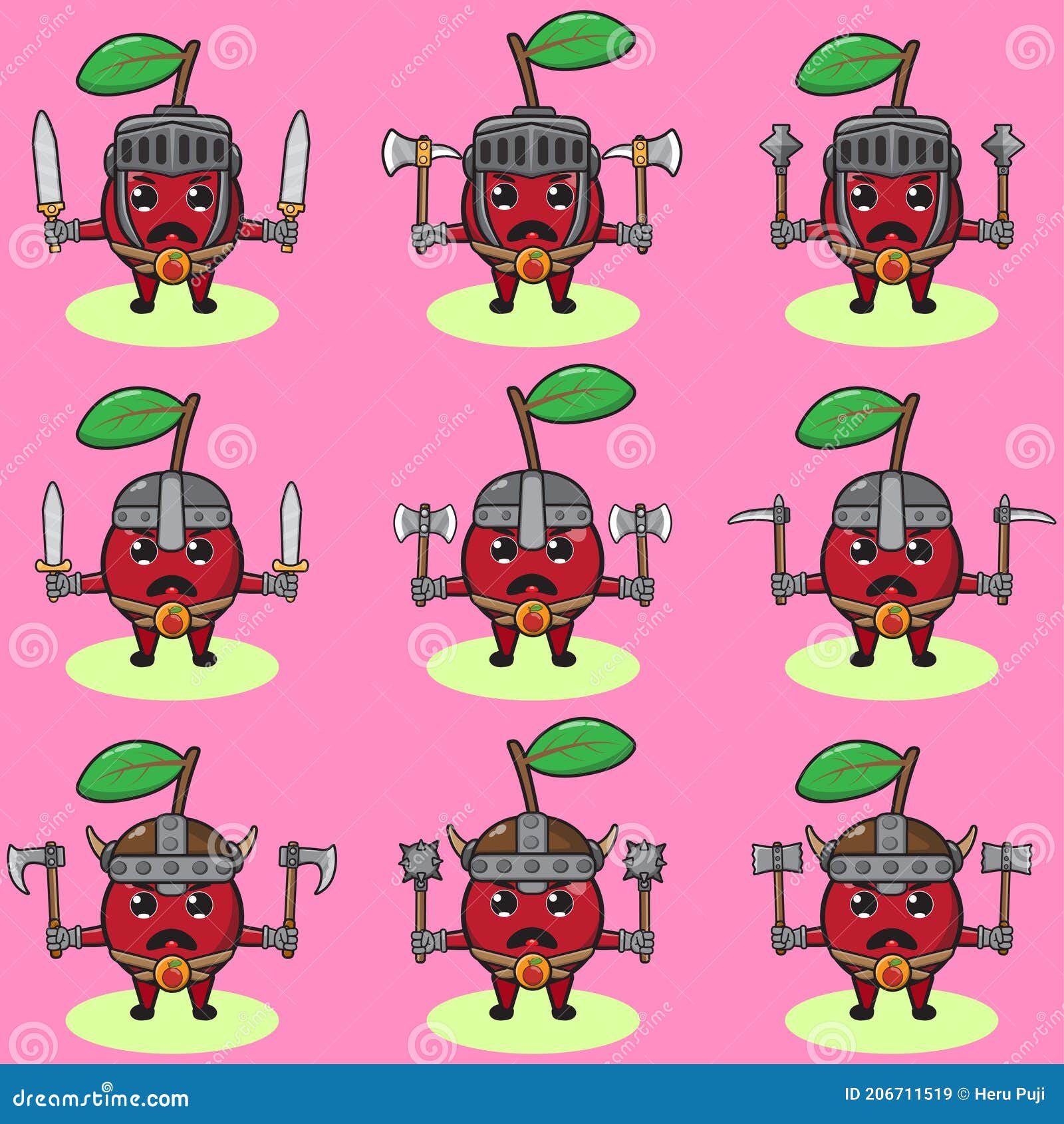 Cute Cherry Knight Set Dual Weapon Hand Up. Stock Vector - Illustration ...