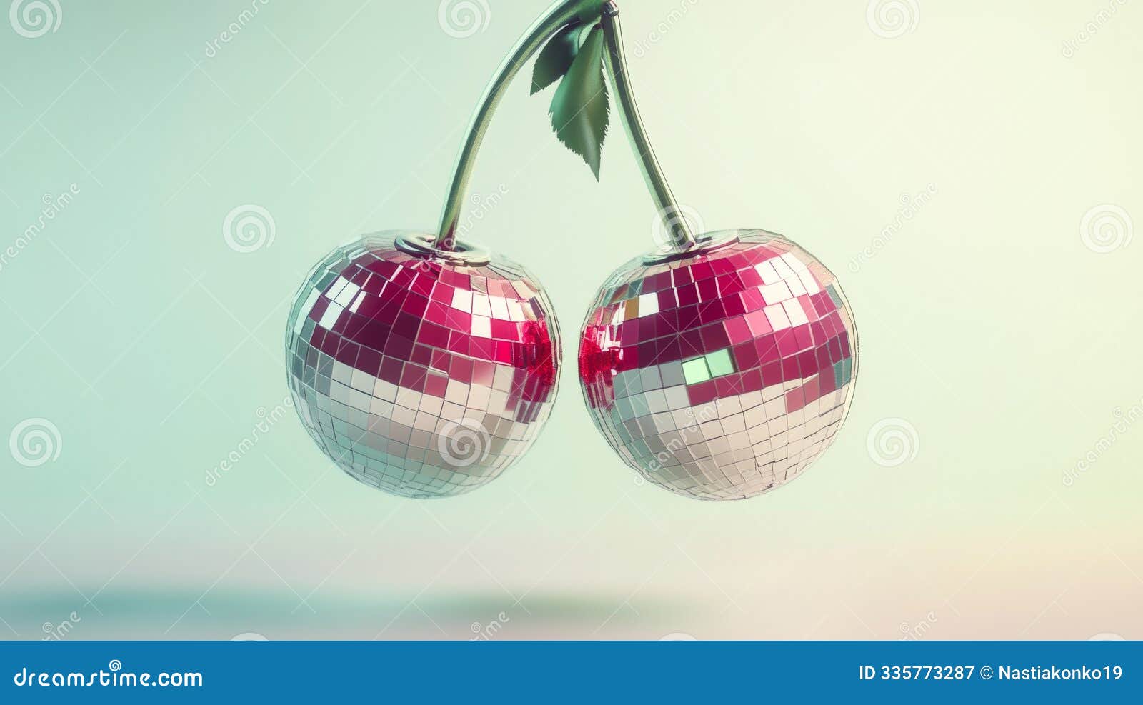 Cherry-shaped Disco Balls with Leaves on a Pastel Background, Creative ...