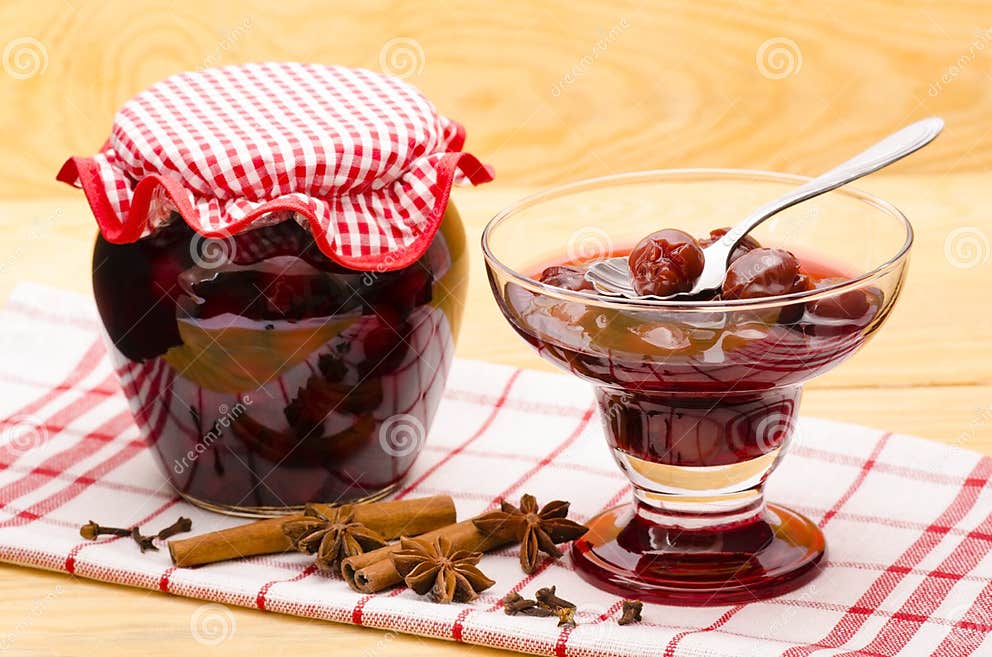 Cherry Stewed Fruit in the Glass Bowl Stock Photo - Image of desert ...