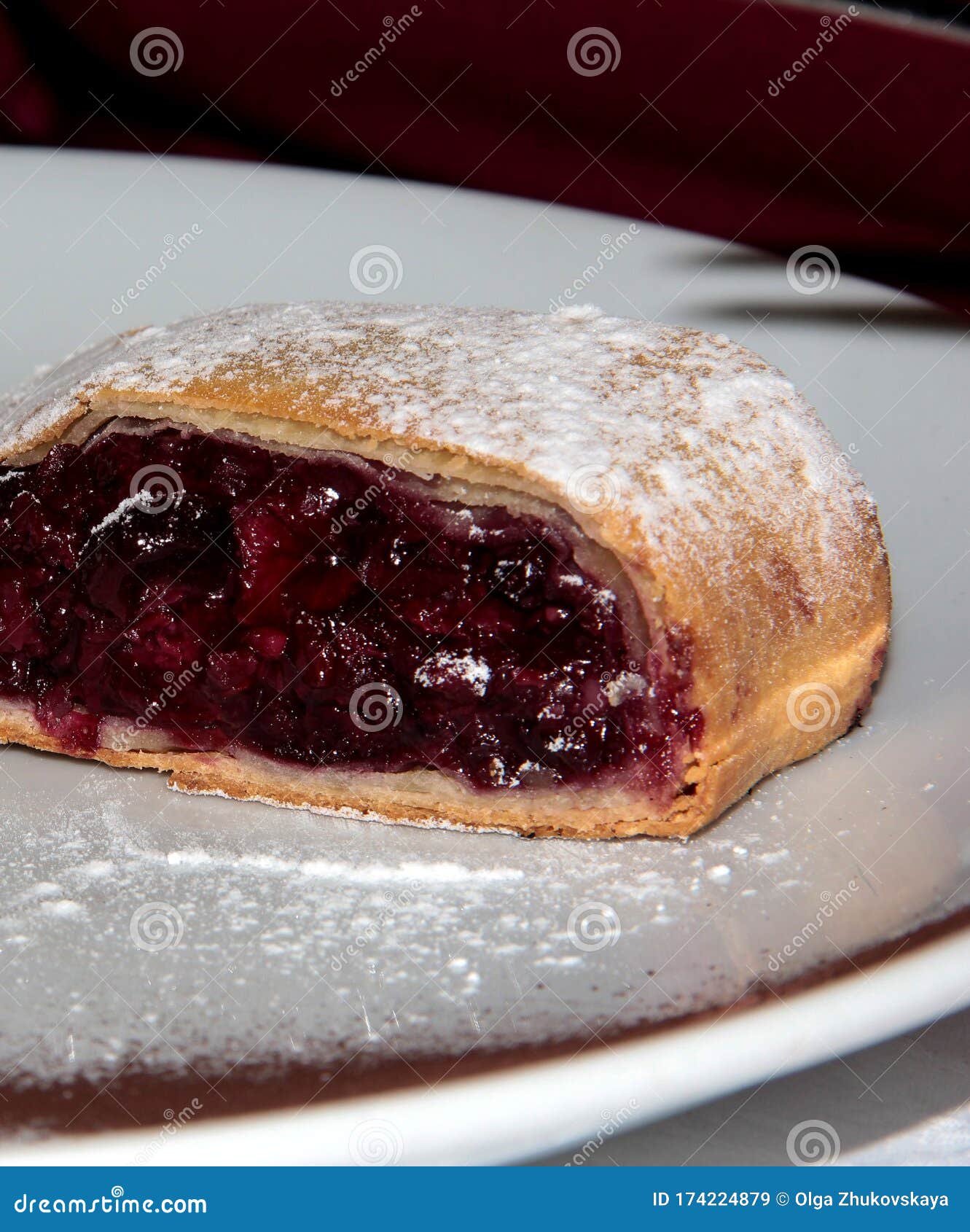 Cherry Strudel on a White Plate is Cut Stock Image - Image of ...