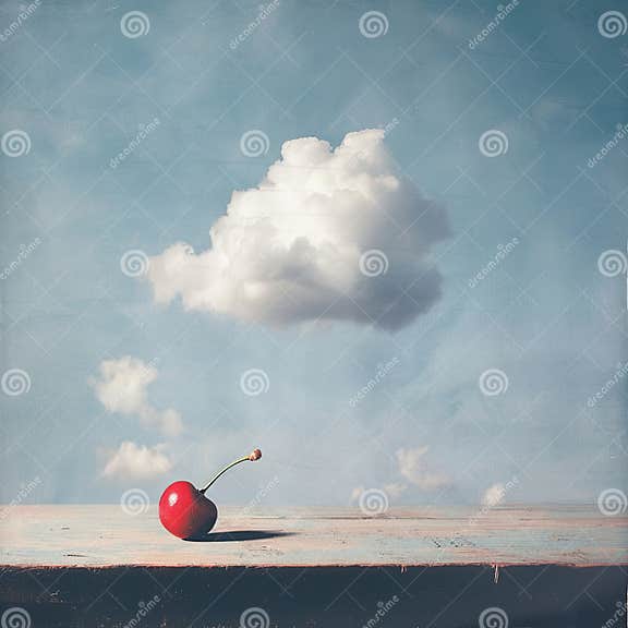 A Cherry on a Table with Tiny Fluffy Clouds Floating Overhead Stock ...