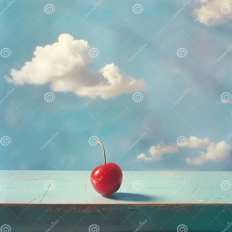 A Cherry on a Table with Tiny Fluffy Clouds Floating Overhead Stock ...