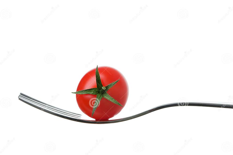 Cherry Tomato on a Fork Against White Stock Image - Image of prong ...