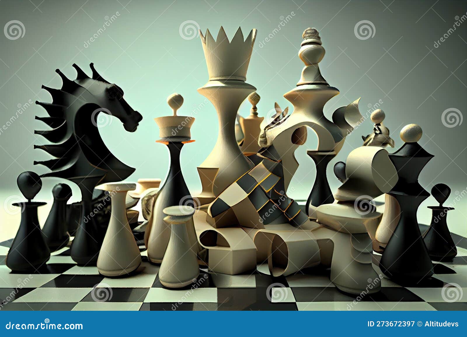 Chess Battle, with the Chess Pieces Assuming Abstract and Surreal Forms ...