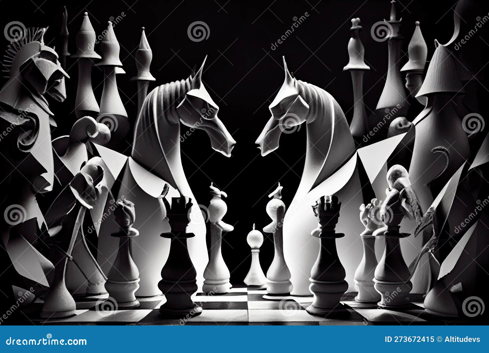 Chess Battle, with the Chess Pieces Assuming Abstract and Surreal Forms ...