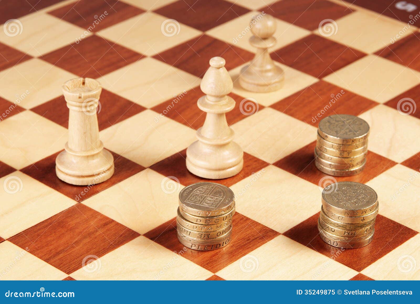 Chess Board with Coins and Chess Pieces Stock Image - Image of ...