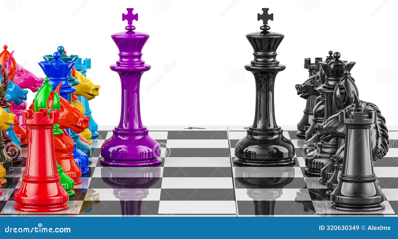Chess Board with Colored Chess Pieces and Black. 3D Rendering Stock ...