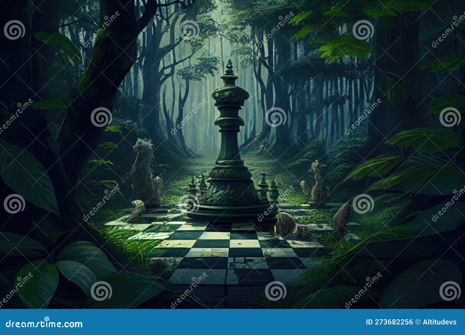 Chess Board in a Dense, Overgrown Forest with Towering Trees and Lush ...