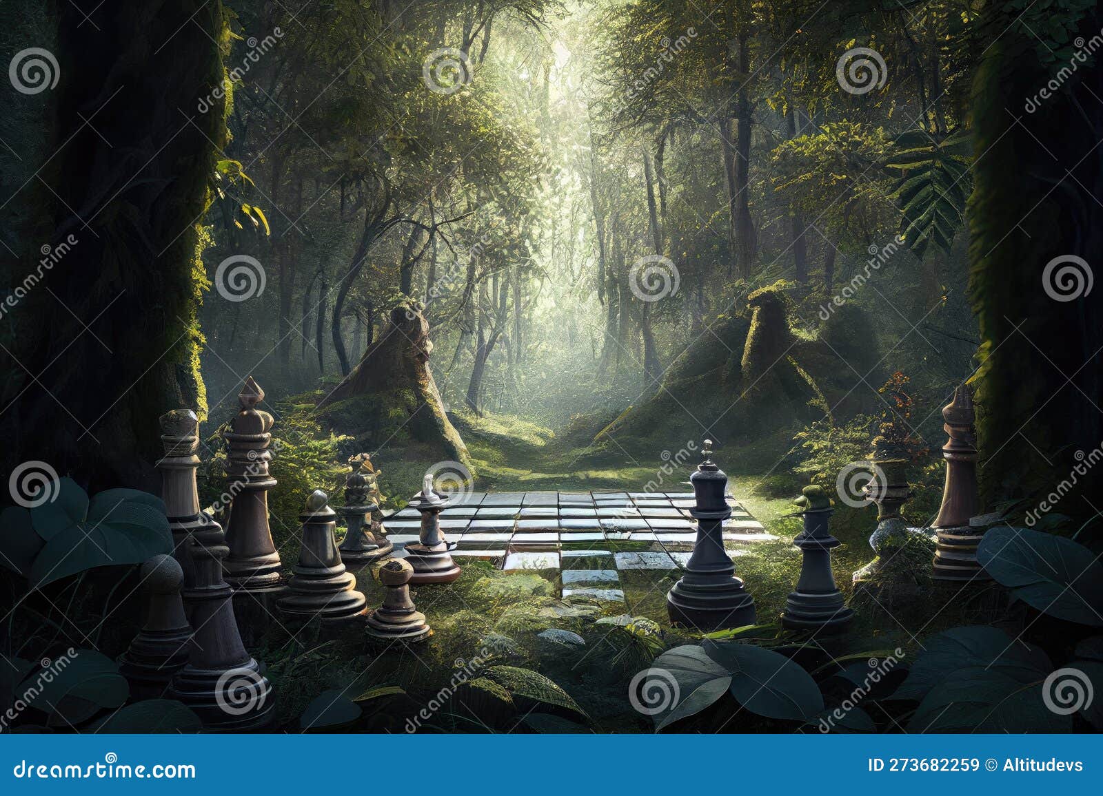Chess Board in a Dense, Overgrown Forest with Towering Trees and Lush ...
