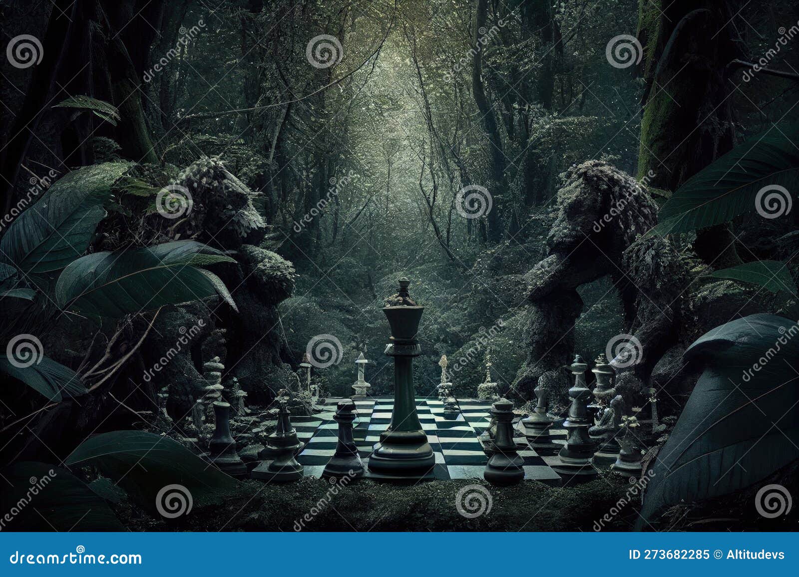 Chess Board in a Dense, Overgrown Forest with Towering Trees and Lush ...